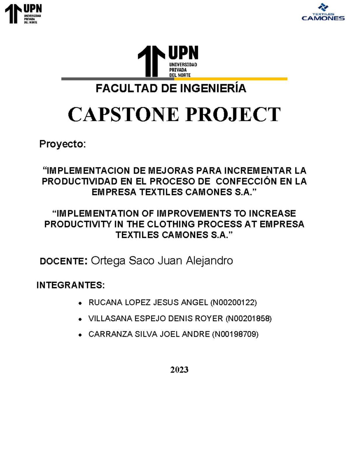 Trabajo Final Capstone - FACULTAD DE INGENIERÍA CAPSTONE PROJECT Proyecto: “IMPLEMENTACION DE ...