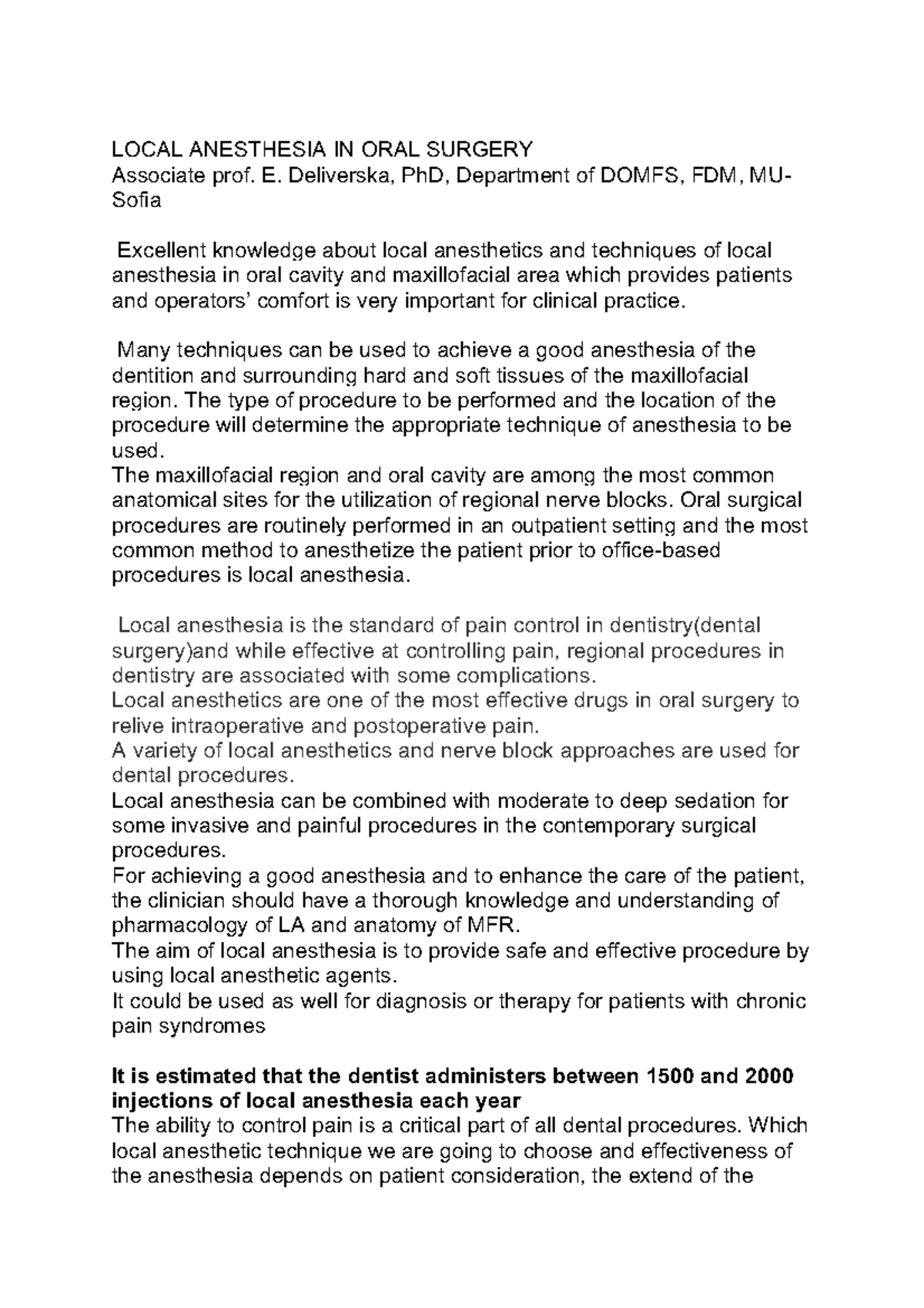 Domfs local anesthesia lecture 5-th year - LOCAL ANESTHESIA IN ORAL ...