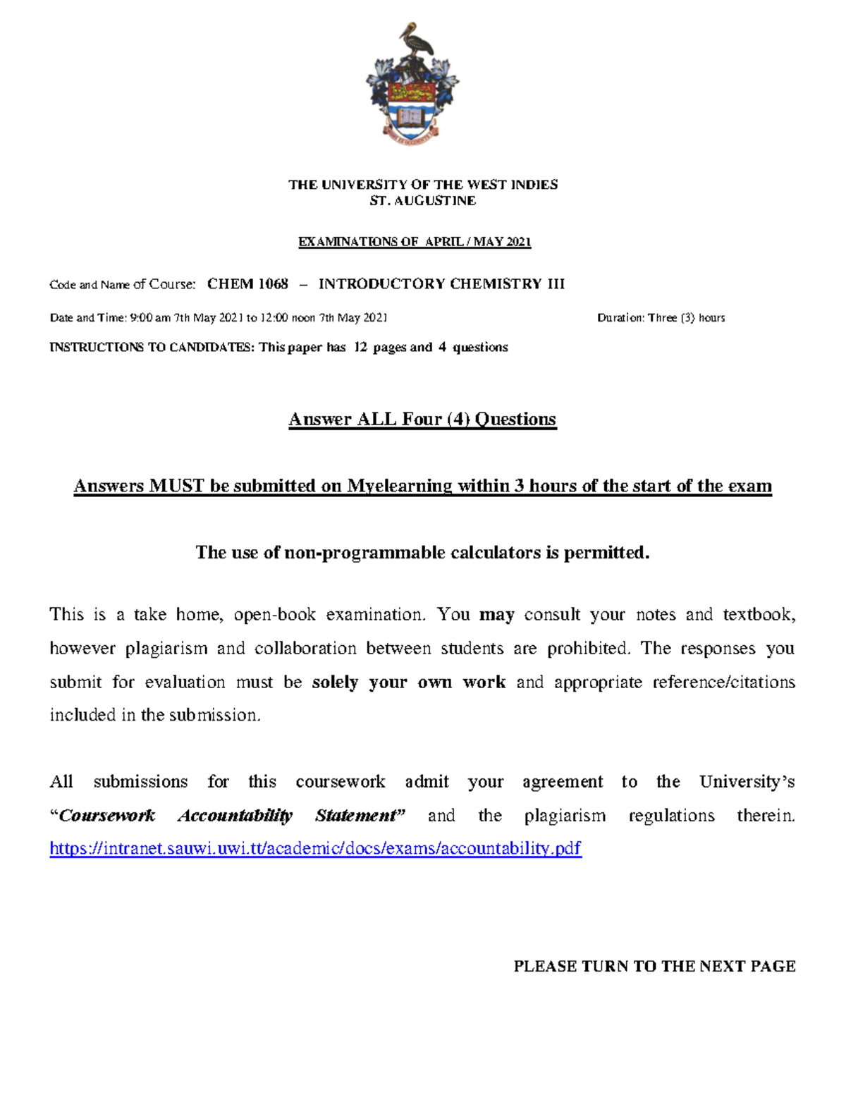 CHEM 1068 May June Final Assessment 2021 - THE UNIVERSITY OF THE WEST ...