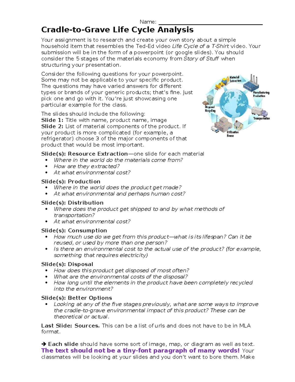 Life cycle analysis assignment 1 - Name ...