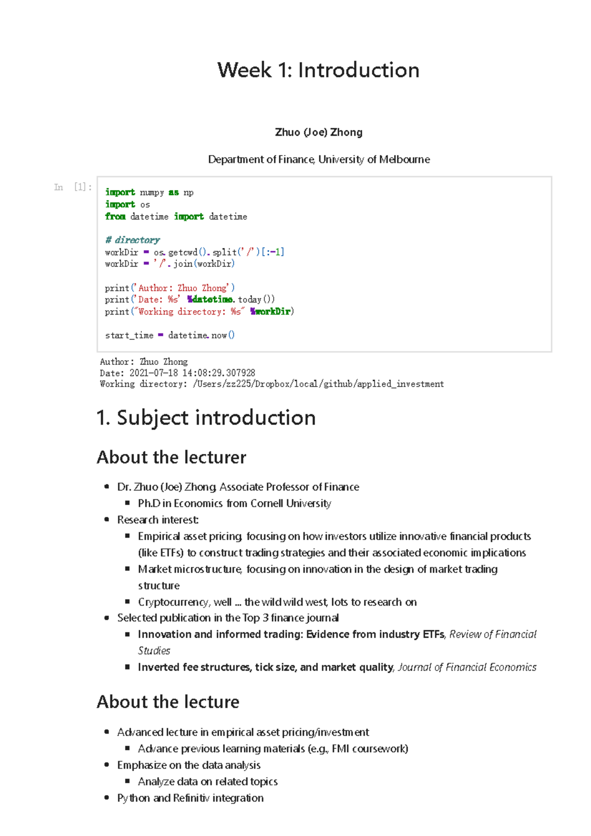 Week1 introduction - Lecture notes 1 - Week 1: Introduction Zhuo (Joe ...