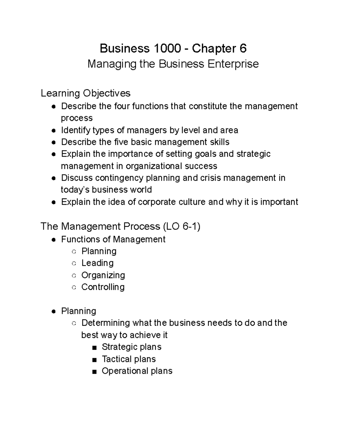 Business 1000 - Chapter 6 - Business 1000 - Chapter 6 Managing the ...