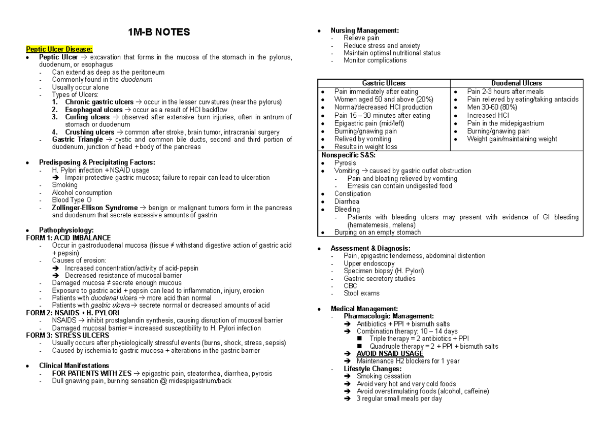 1M-B-short - Notes - 1M-B NOTES Peptic Ulcer Disease: Peptic Ulcer → ...