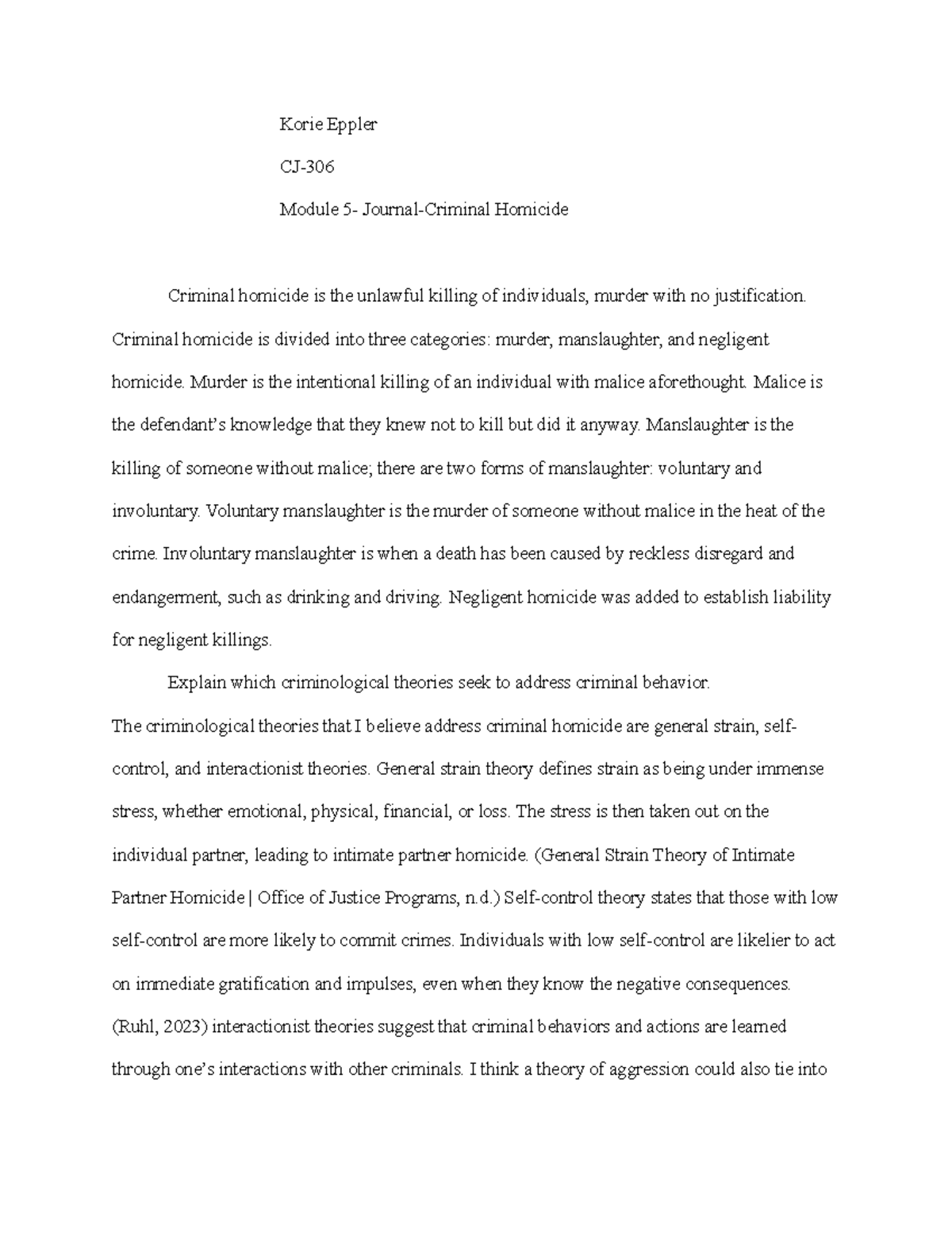 cj306 module 5 journal - Korie Eppler CJ- Module 5- Journal-Criminal ...
