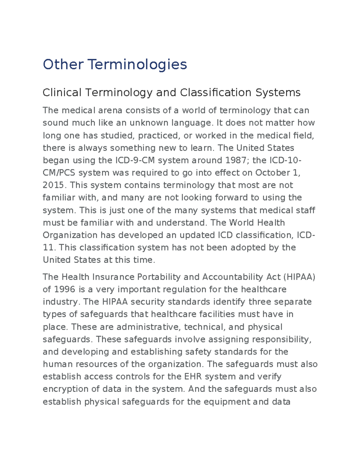 Other Terminologies - Other Terminologies Clinical Terminology and ...