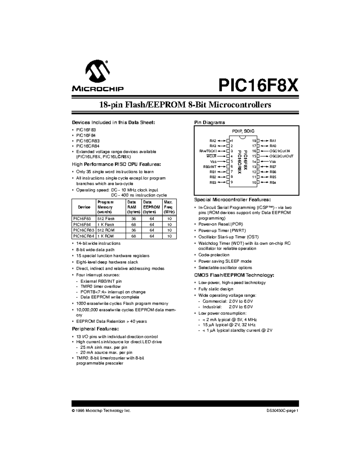 Data sheet PIC16F84 Micropic - 1998 Microchip Technology Inc. DS30430C ...