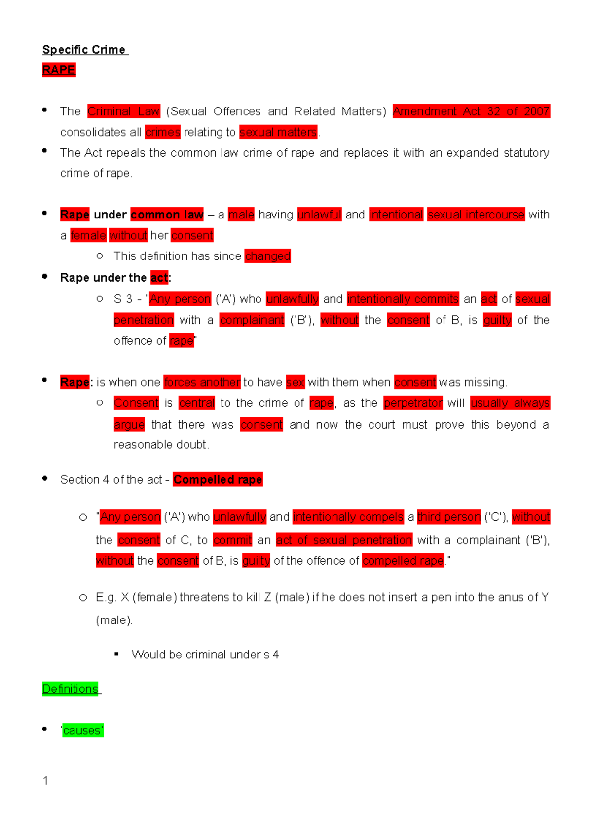 RAPE - Lecture notes 9 - Specific Crime RAPE The Criminal Law (Sexual ...
