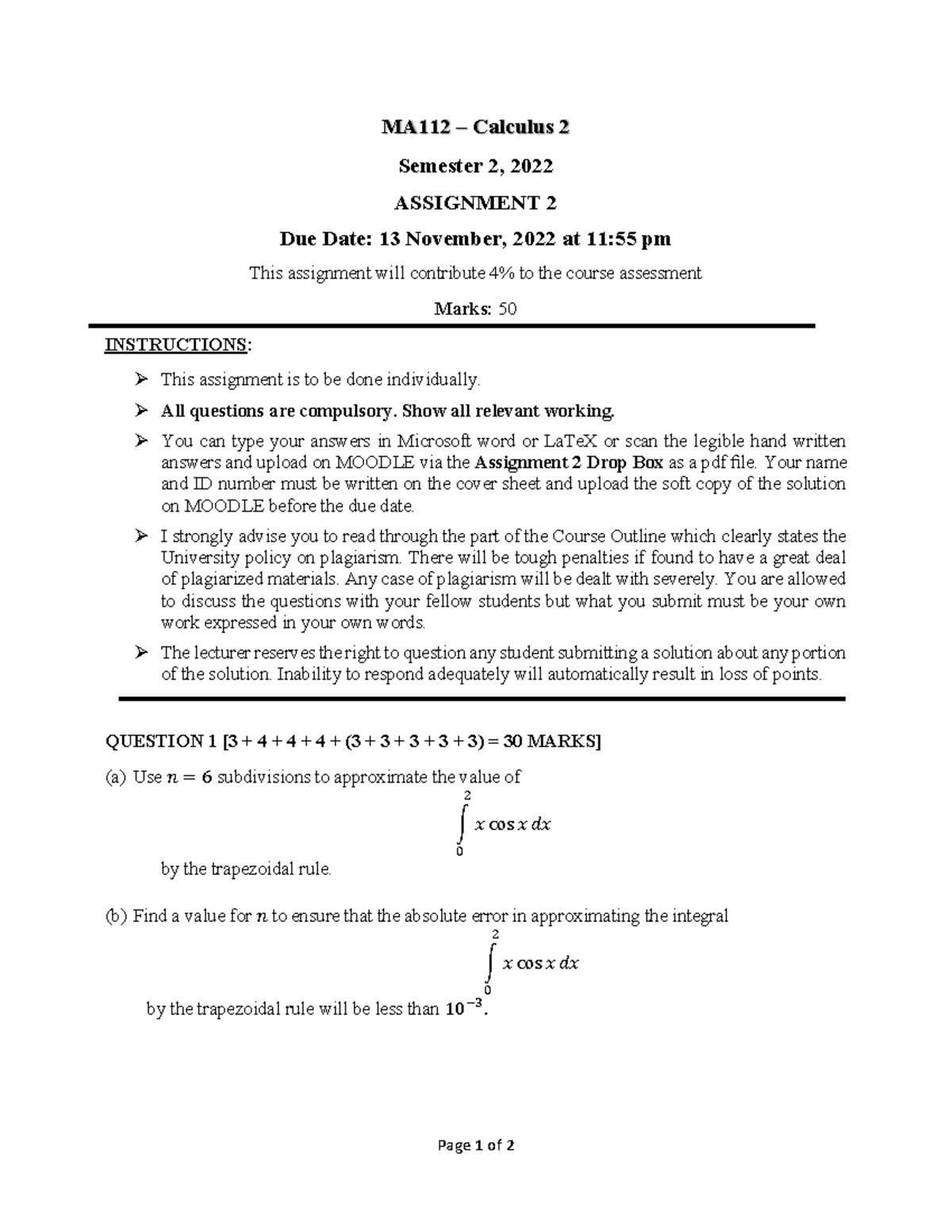 MA112 Assignment 2 S2 2022 - Page 1 of 2 MA112 – Calculus 2 Semester 2 ...
