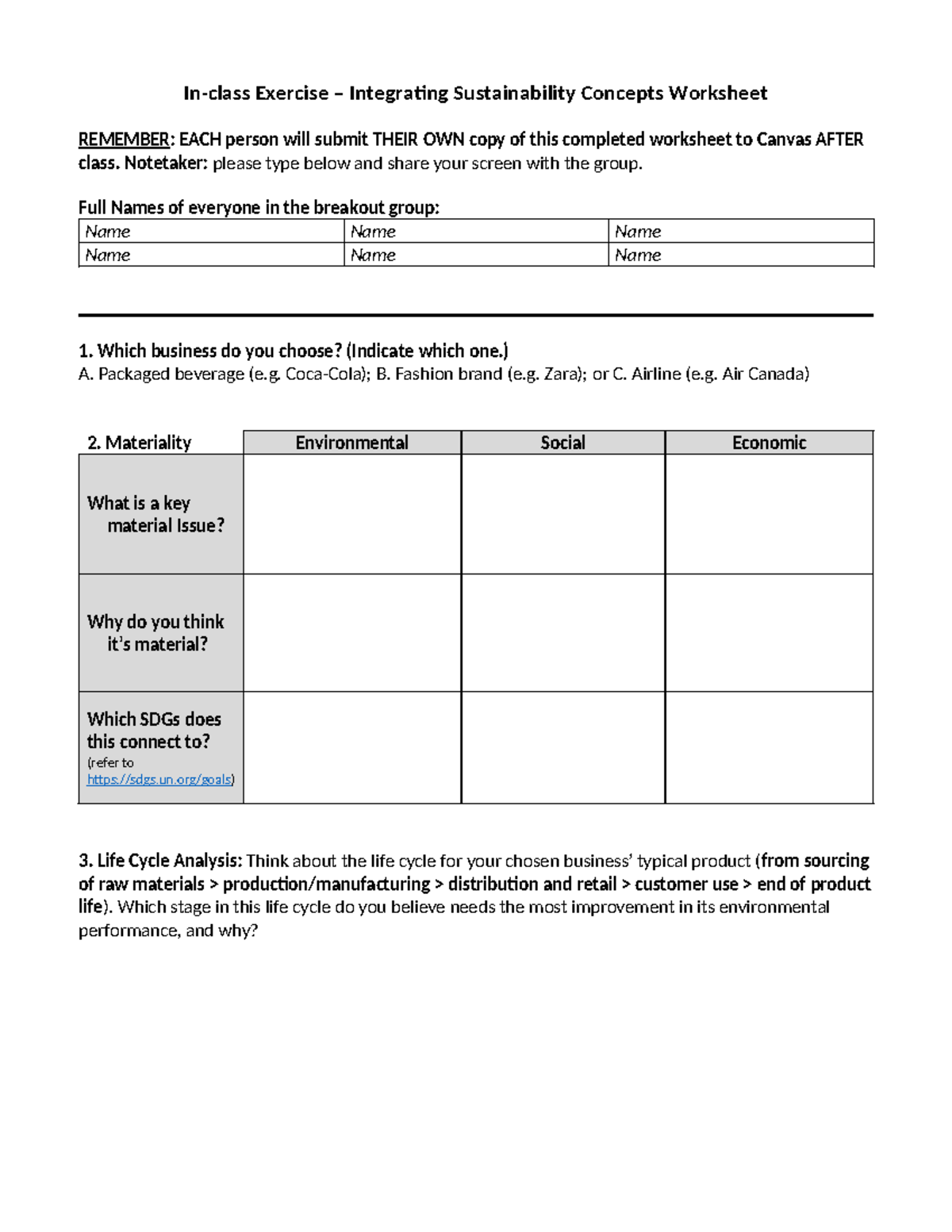 C105 - Sustainable Business - Worksheet - In-class Exercise ...