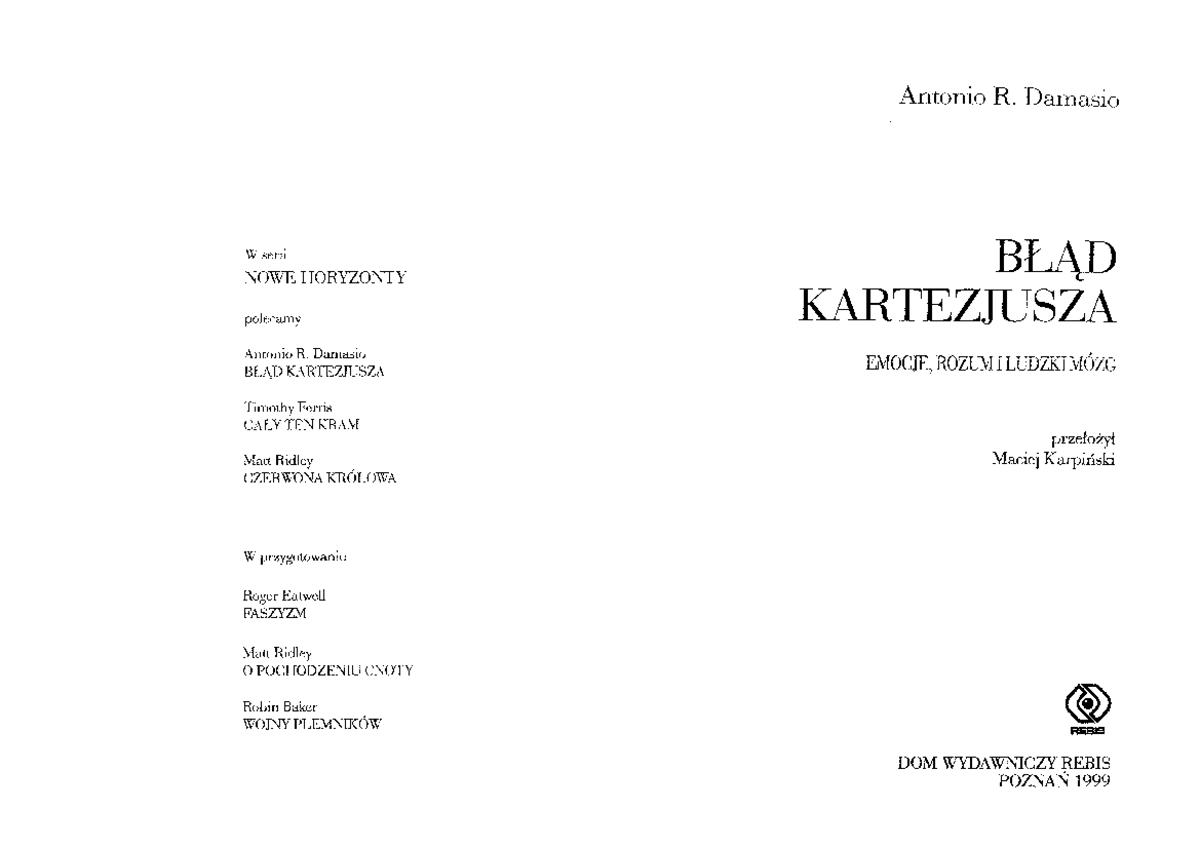 Antonio R. Damasio - Błąd Kartezjusza- Rebis (1999) - psychologia ...
