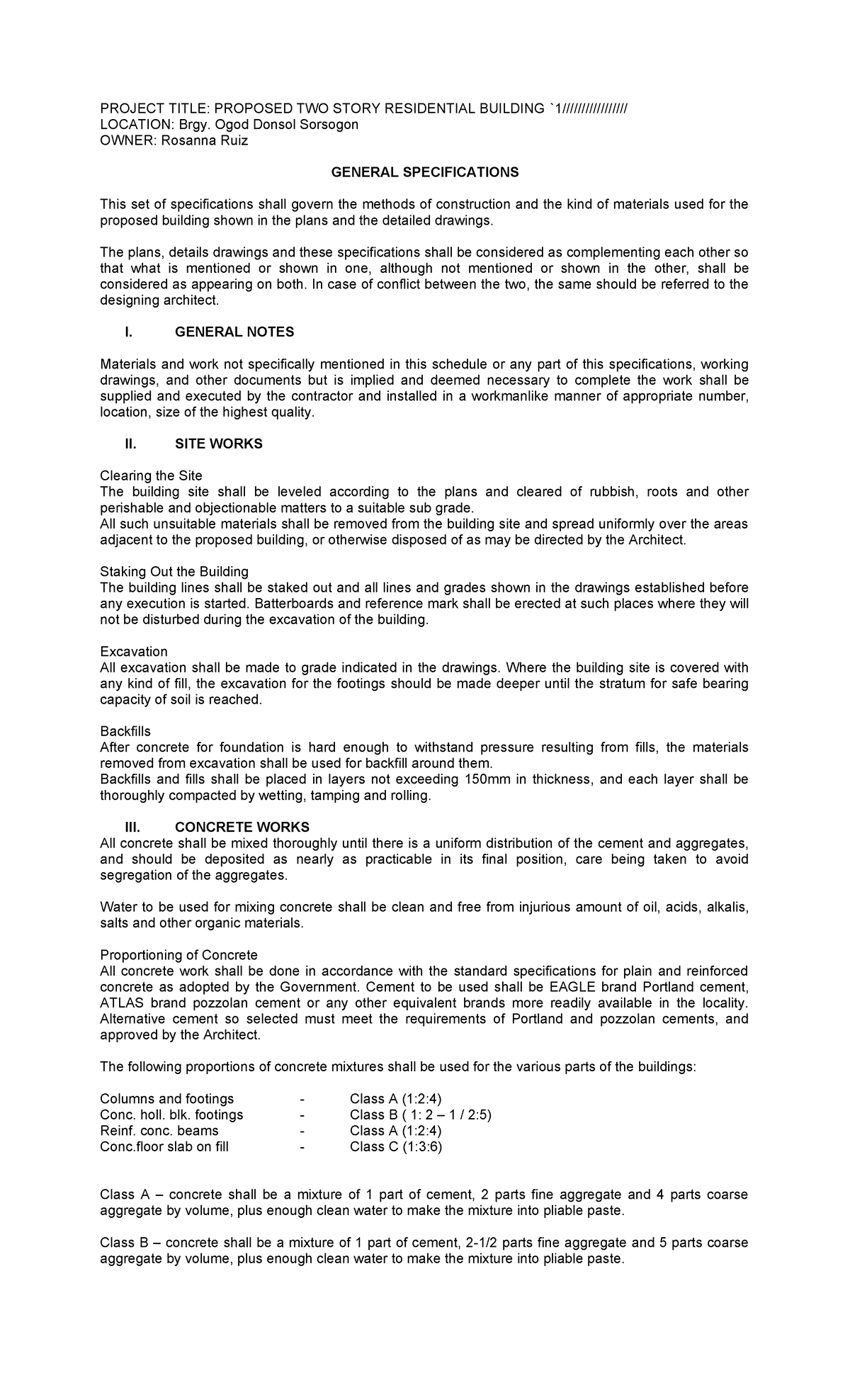 general specification - PROJECT TITLE: PROPOSED TWO STORY RESIDENTIAL ...