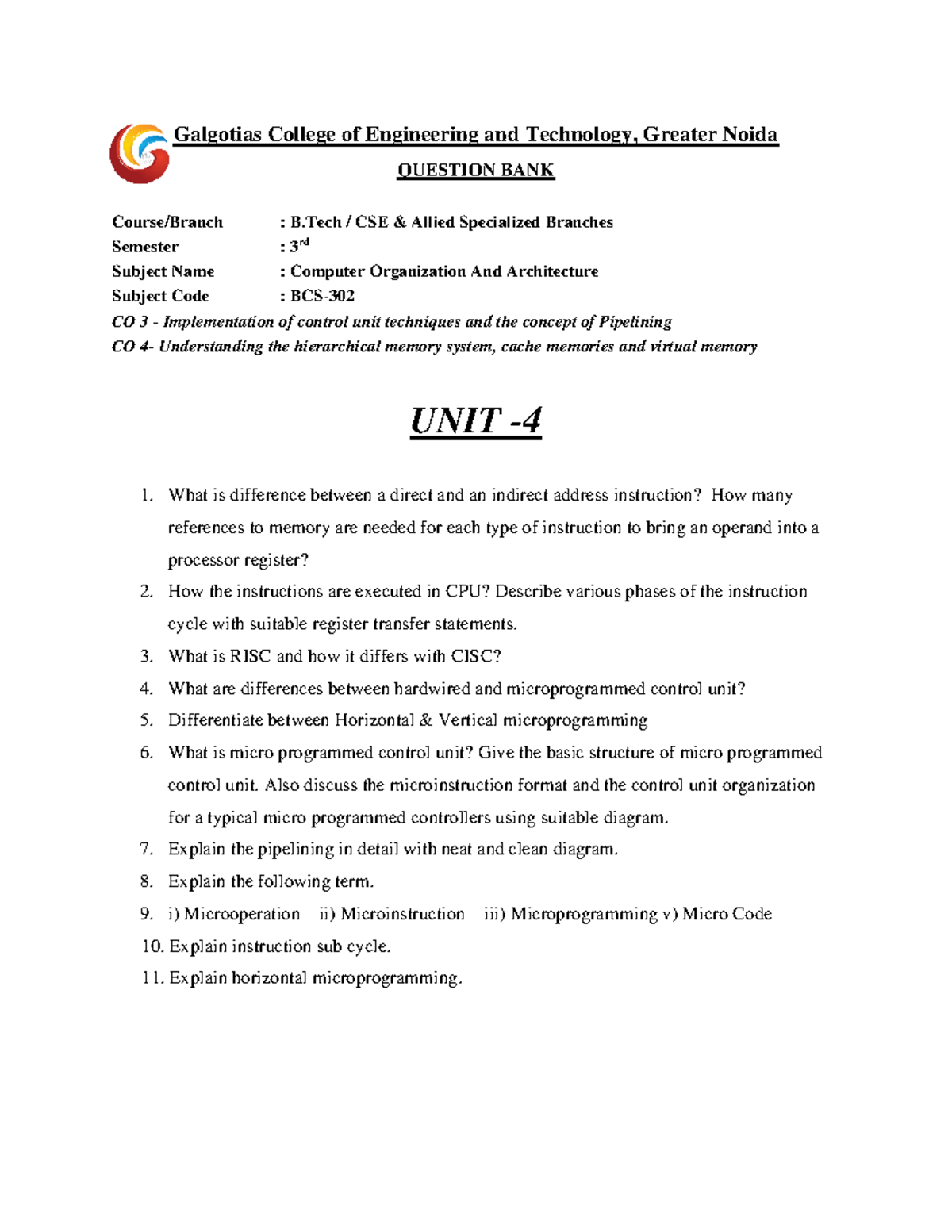 COA Question Bank UNIT 3&4 - Galgotias College of Engineering and ...
