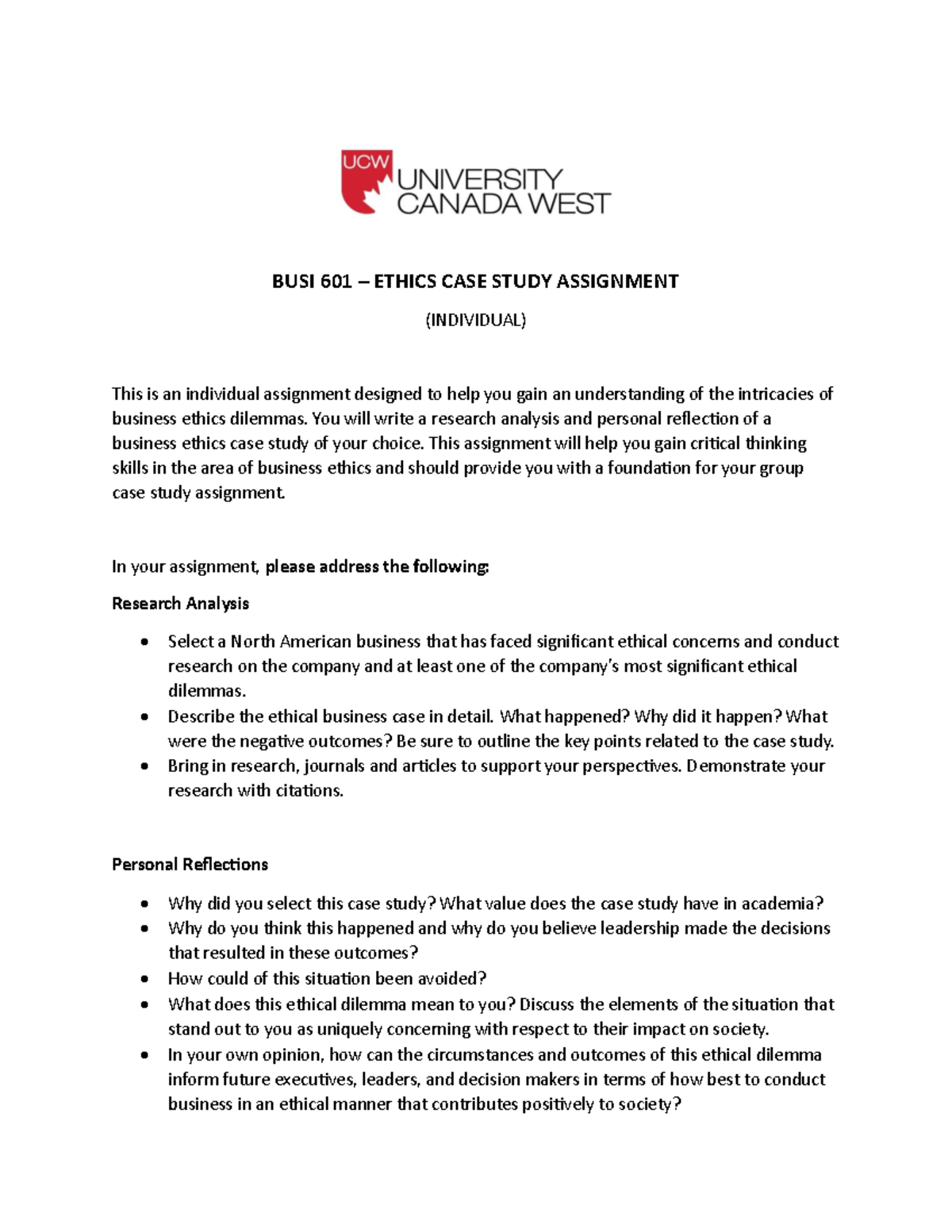 BUSI 601 - Ethics Case Study Assignment (Individual) - BUSI 601 – ETHICS CASE STUDY ASSIGNMENT ...