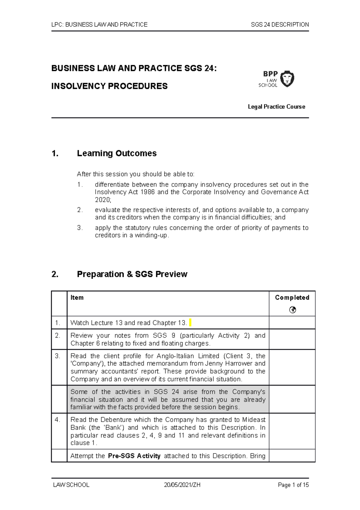 BLP SGS 24 description - LPC: BUSINESS LAW AND PRACTICE SGS 24 ...