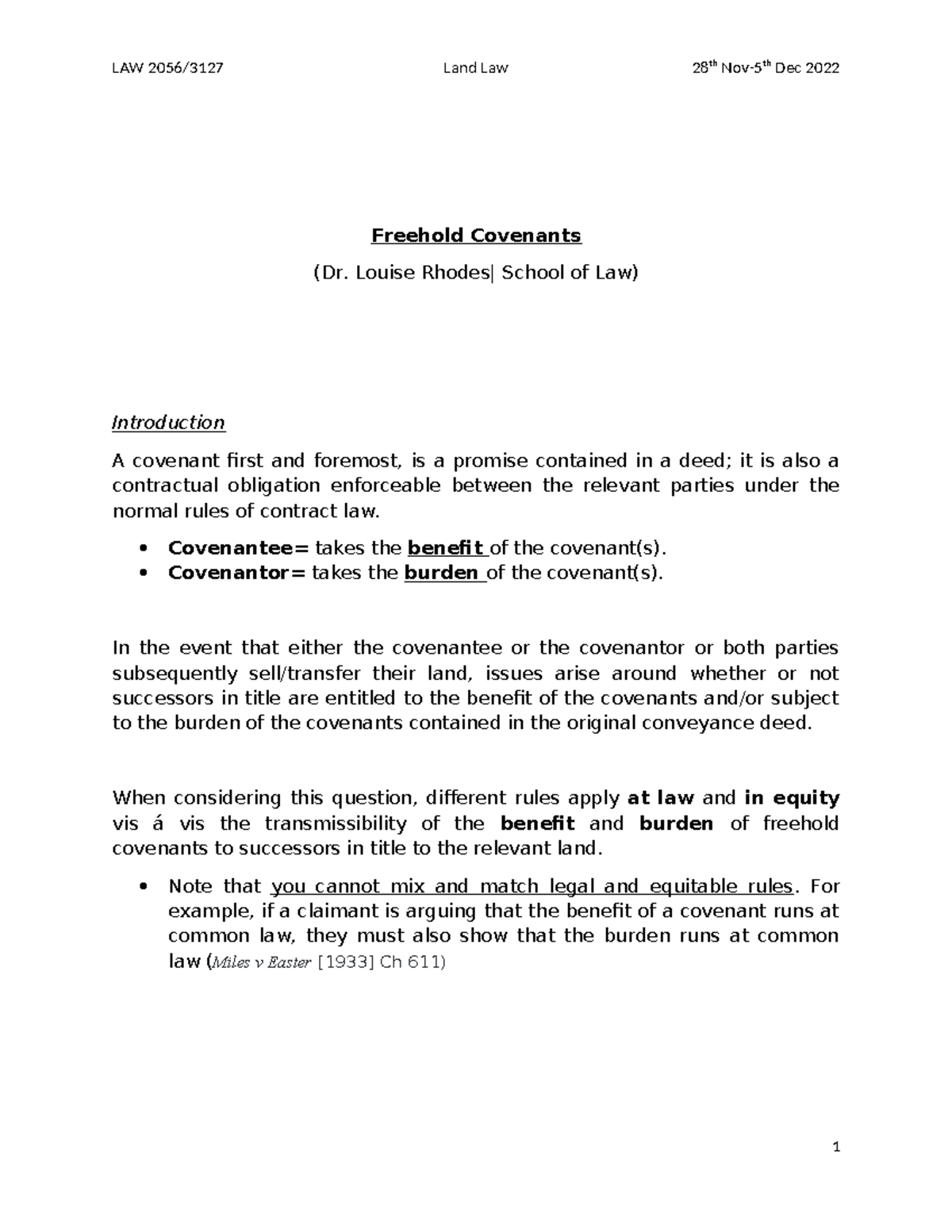 Freehold Covenants - Summary Land Law - Freehold Covenants (Dr. Louise ...