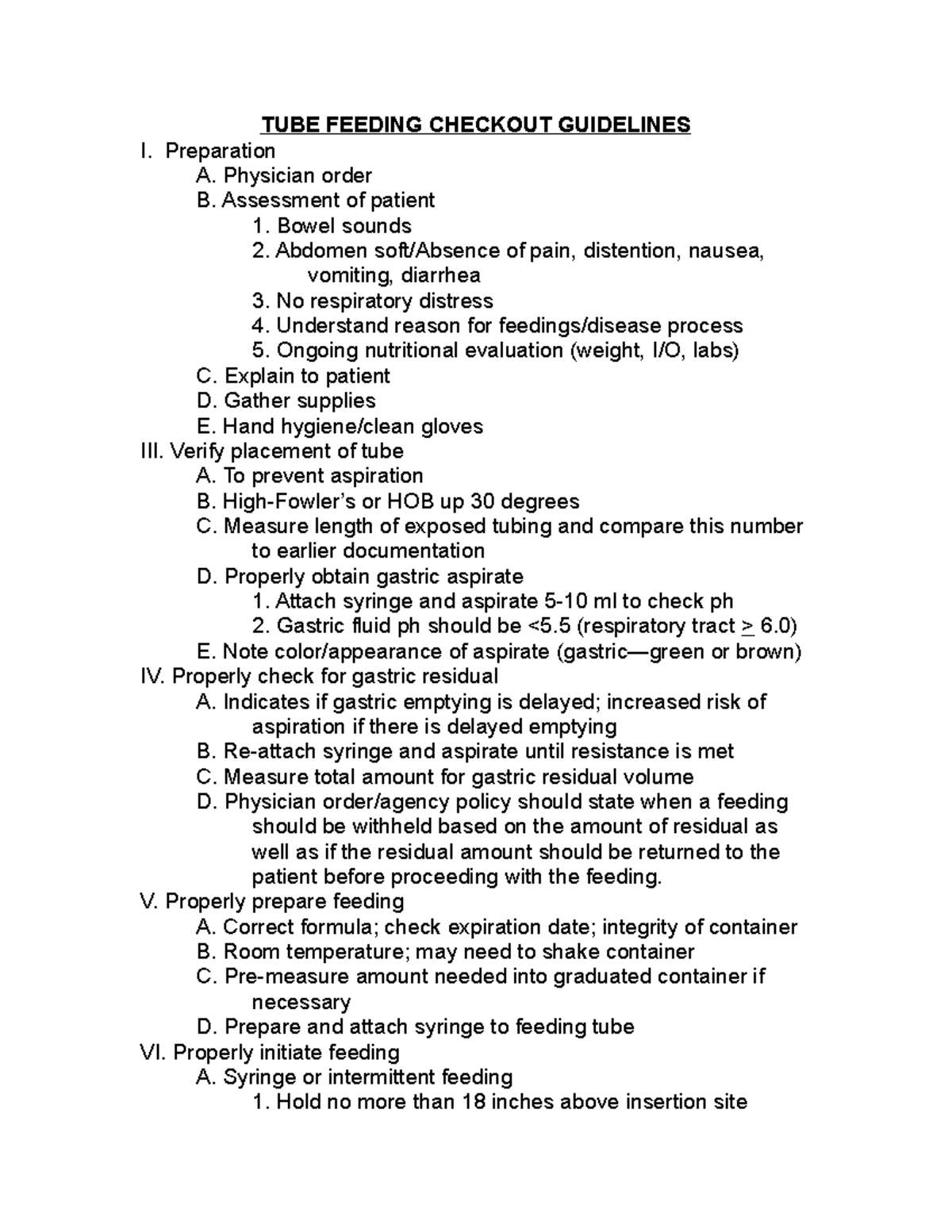 TUBE Feeding Checkout Guidelines - TUBE FEEDING CHECKOUT GUIDELINES I ...