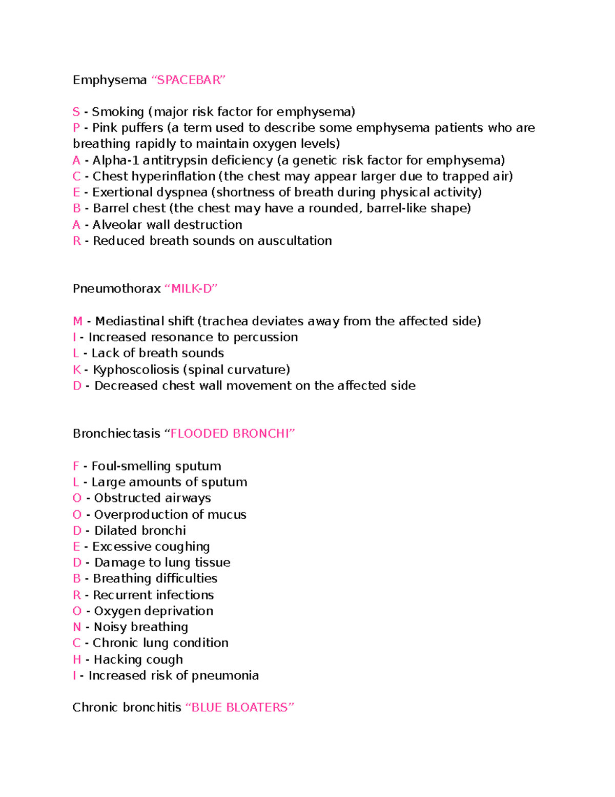 Pulmonary Mnemonics - Emphysema “SPACEBAR” S - Smoking (major risk ...