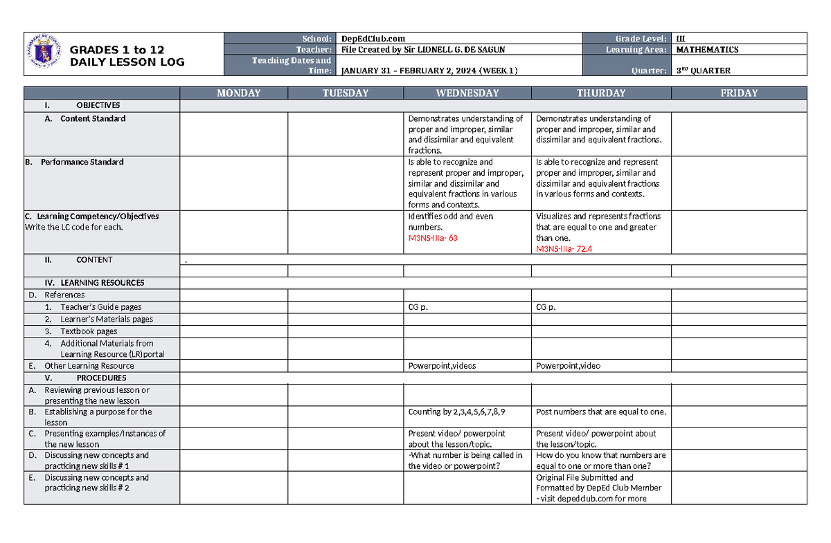 DLL Mathematics 3 Q3 W1 - DAILY LESSON PLAN IN MATH WEEK 1 QUARTER 3 ...