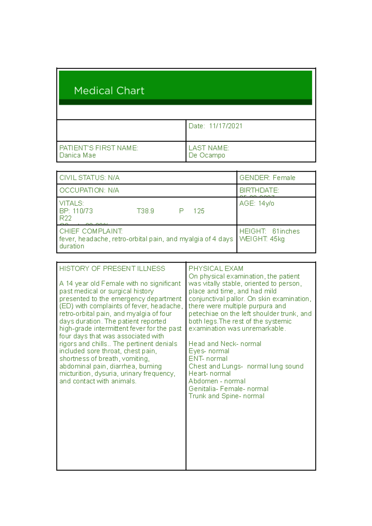Nursing Pediatric and Adolescent Medical Charts - Date: 11/17/ PATIENT ...