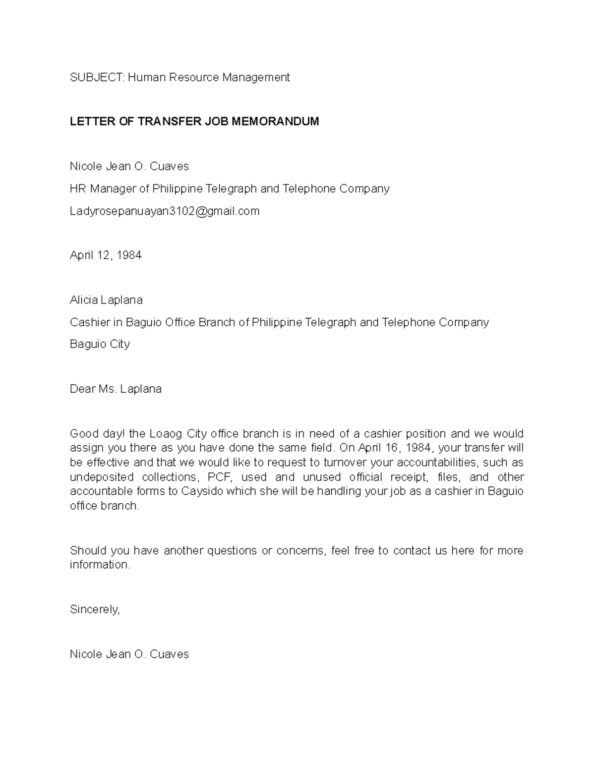 Letter OF Transfer JOB Memorandum - SUBJECT: Human Resource Management ...