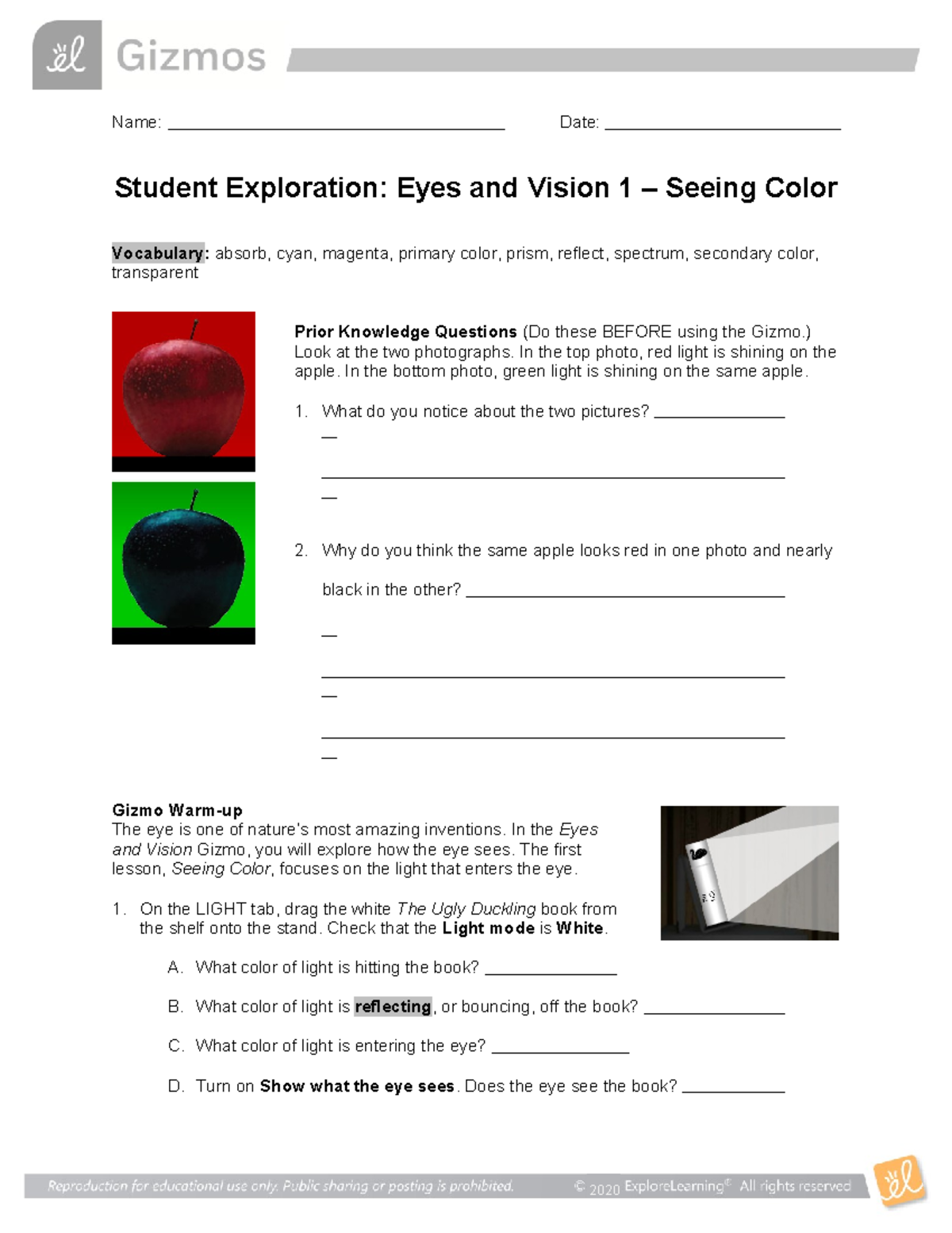 Seeing Color SE - Name: Date: Student Exploration: Eyes and Vision 1 ...