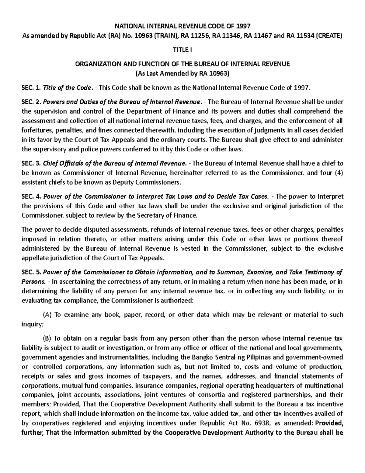 National Internal Revenue CODE OF 1997 NATIONAL INTERNAL REVENUE CODE