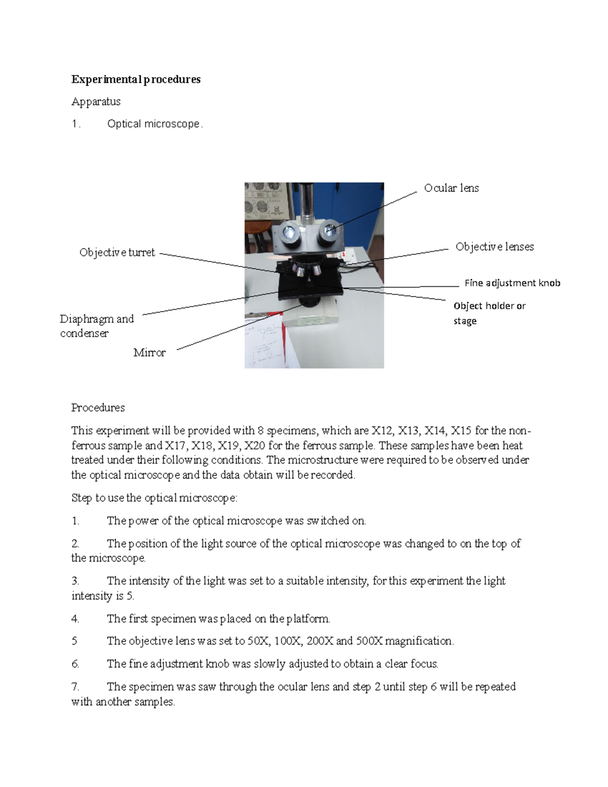 Experimental procedure lab 2 material - Experimental procedures ...