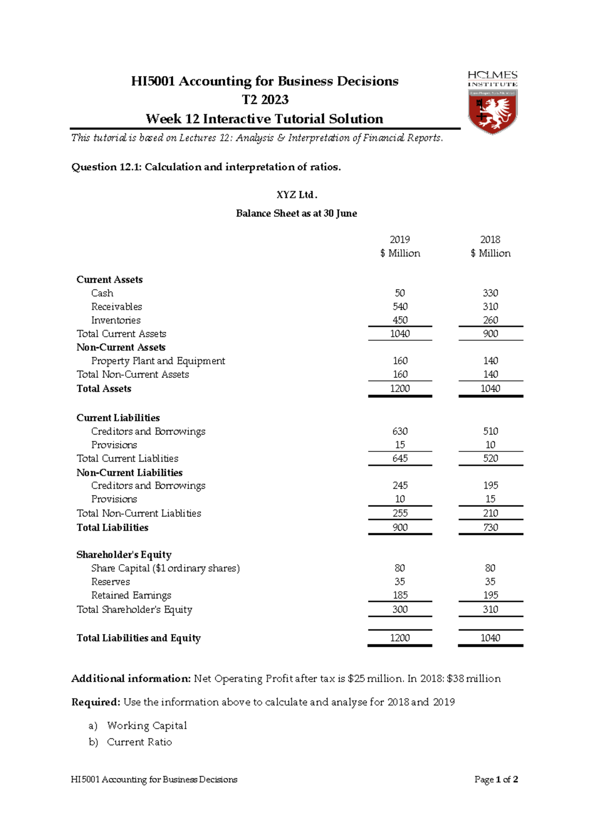HI5001 T223 Week 12 Tutorial Solution - HI50 01 Accounting for Business Decisions Page 1 of 2 ...