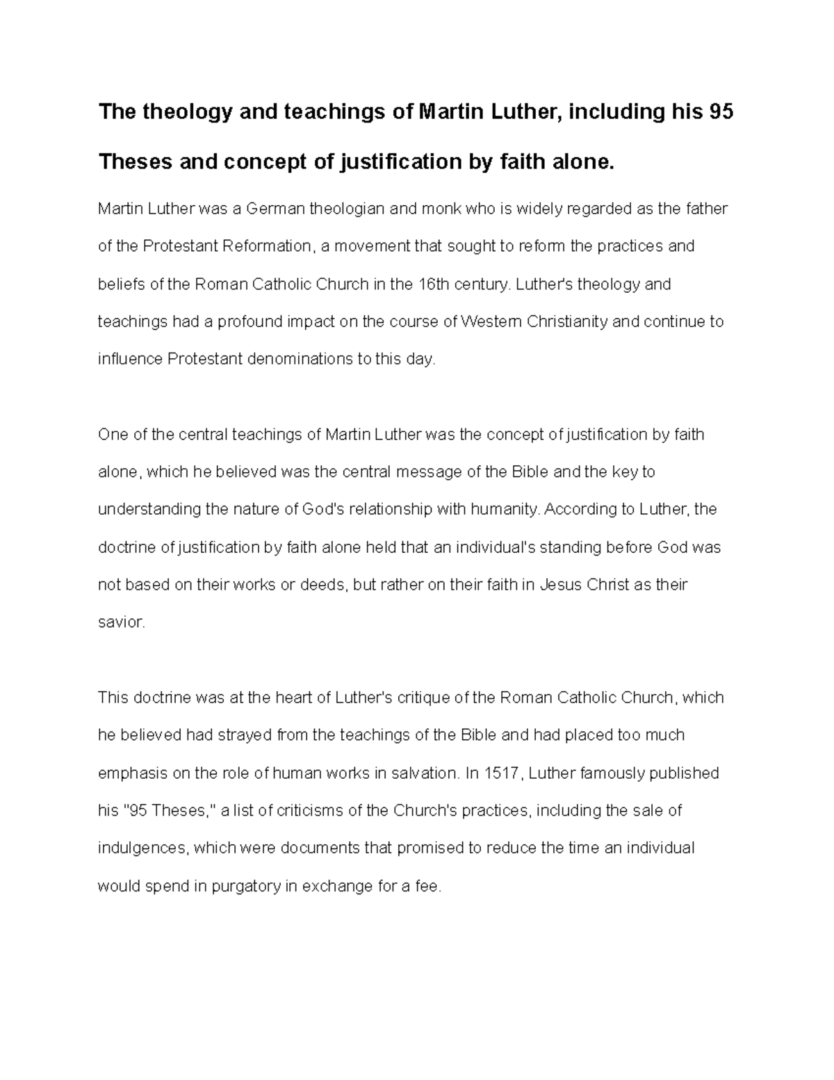 The Theology and Teachings of Martin Luther: 95 Theses and Justification by Faith Alone - Studocu