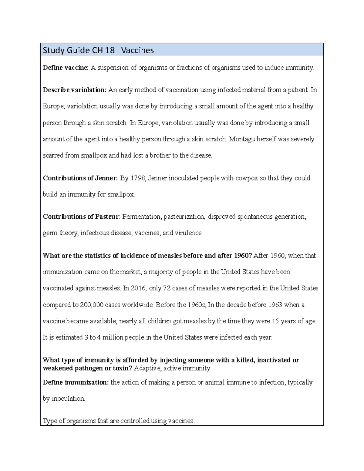 Study Worksheet CH 18 Vaccines Tortora - Study Guide CH 18 Vaccines ...
