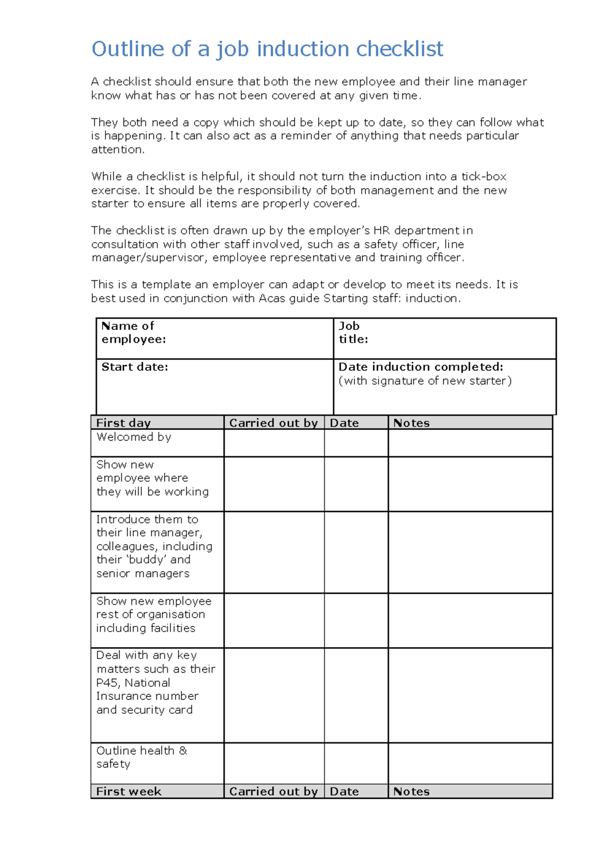 Induction-checklist - Outline of a job induction checklist A checklist ...