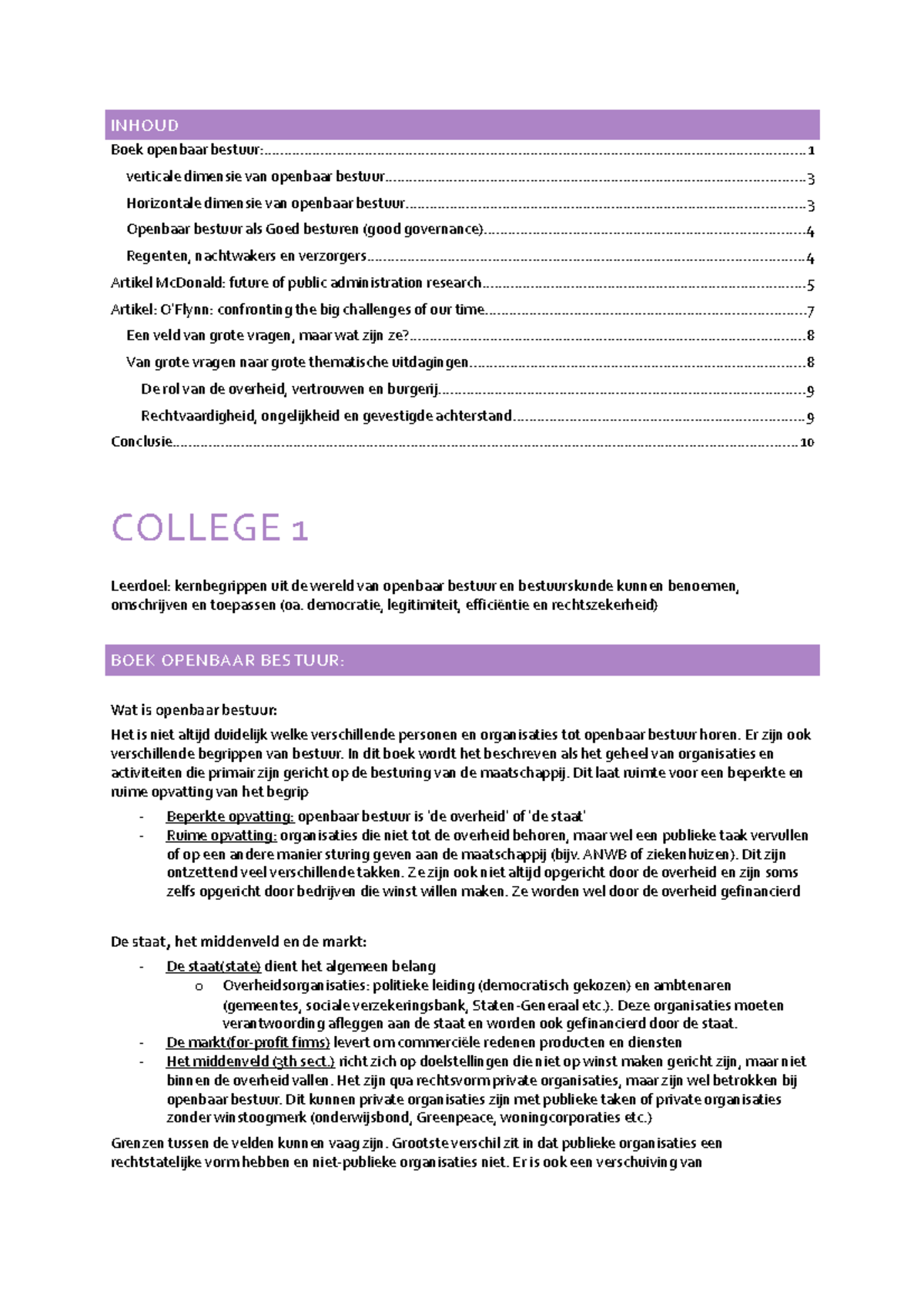 College 1 - module inleiding - INHOUD Boek openbaar - Studeersnel