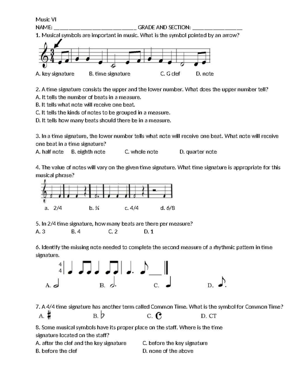 Music VI - IMs - Music VI NAME: ____________________________ GRADE AND ...