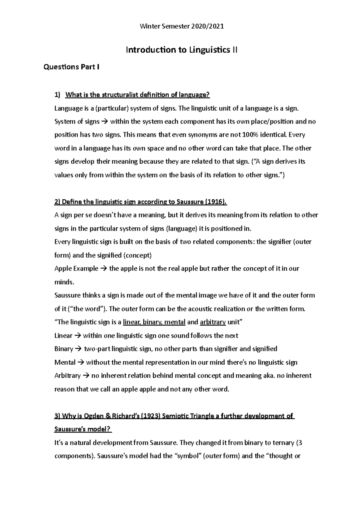 Introduction to Linguistics II Exam Questions - Introduction to Linguistics II Questions Part I ...