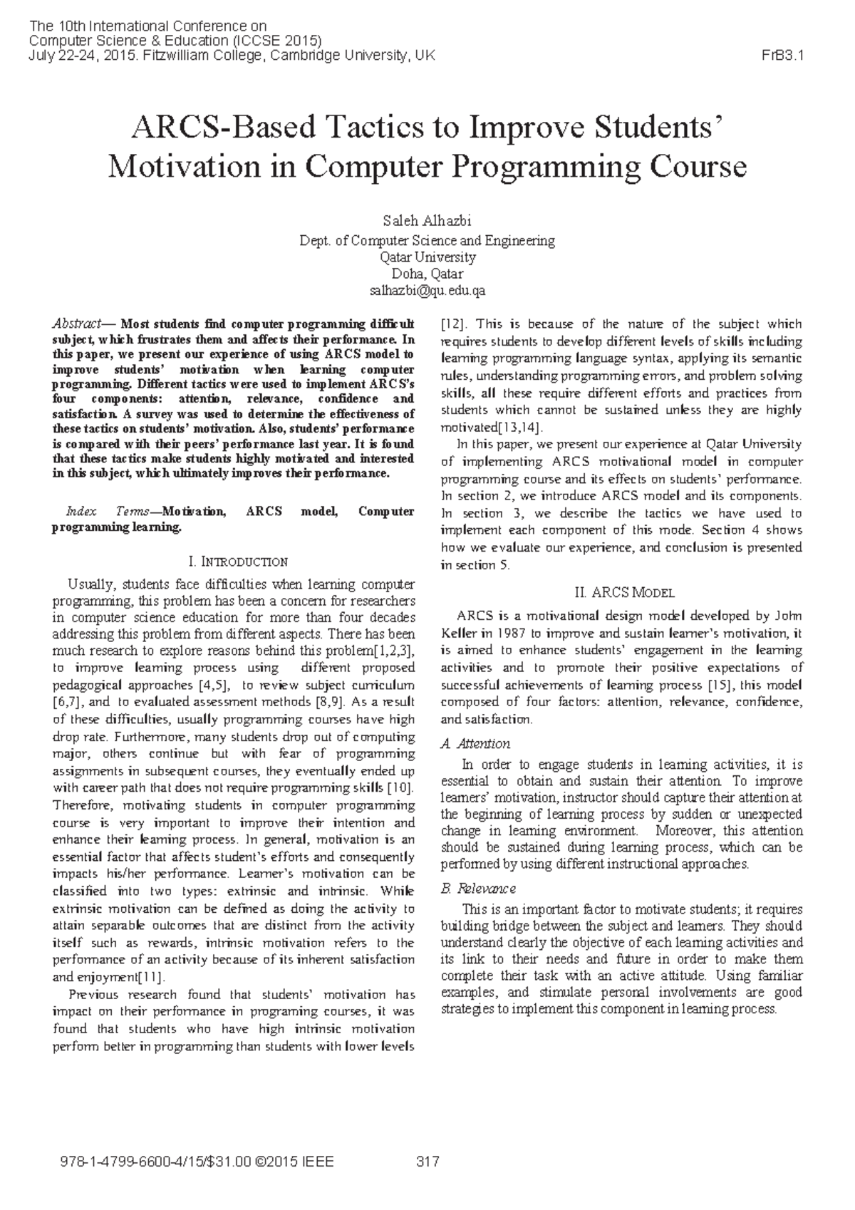 Alhazbi 2015 - n/a - ARCS-Based Tactics to Improve Students’ Motivation in Computer Programming ...
