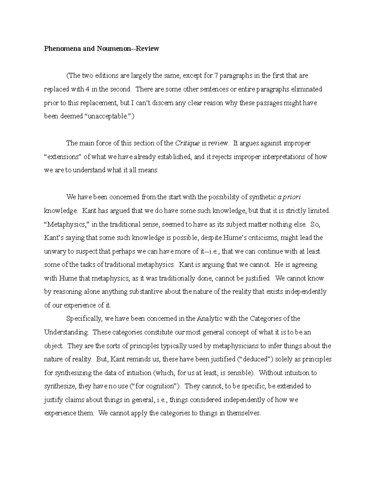 Noumena phenomena - Western Modern philosophy notes - Phenomena and ...