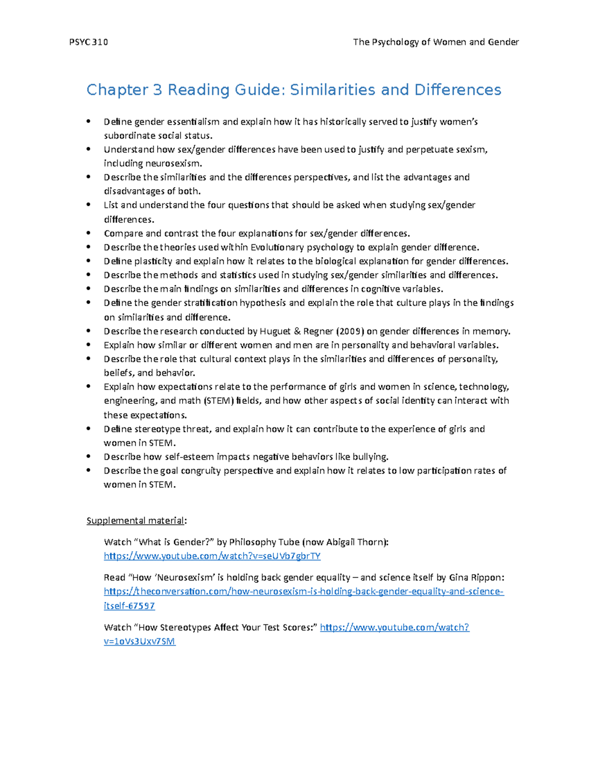 Chapter 3 - psy - PSYC 310 The Psychology of Women and Gender Chapter 3 ...