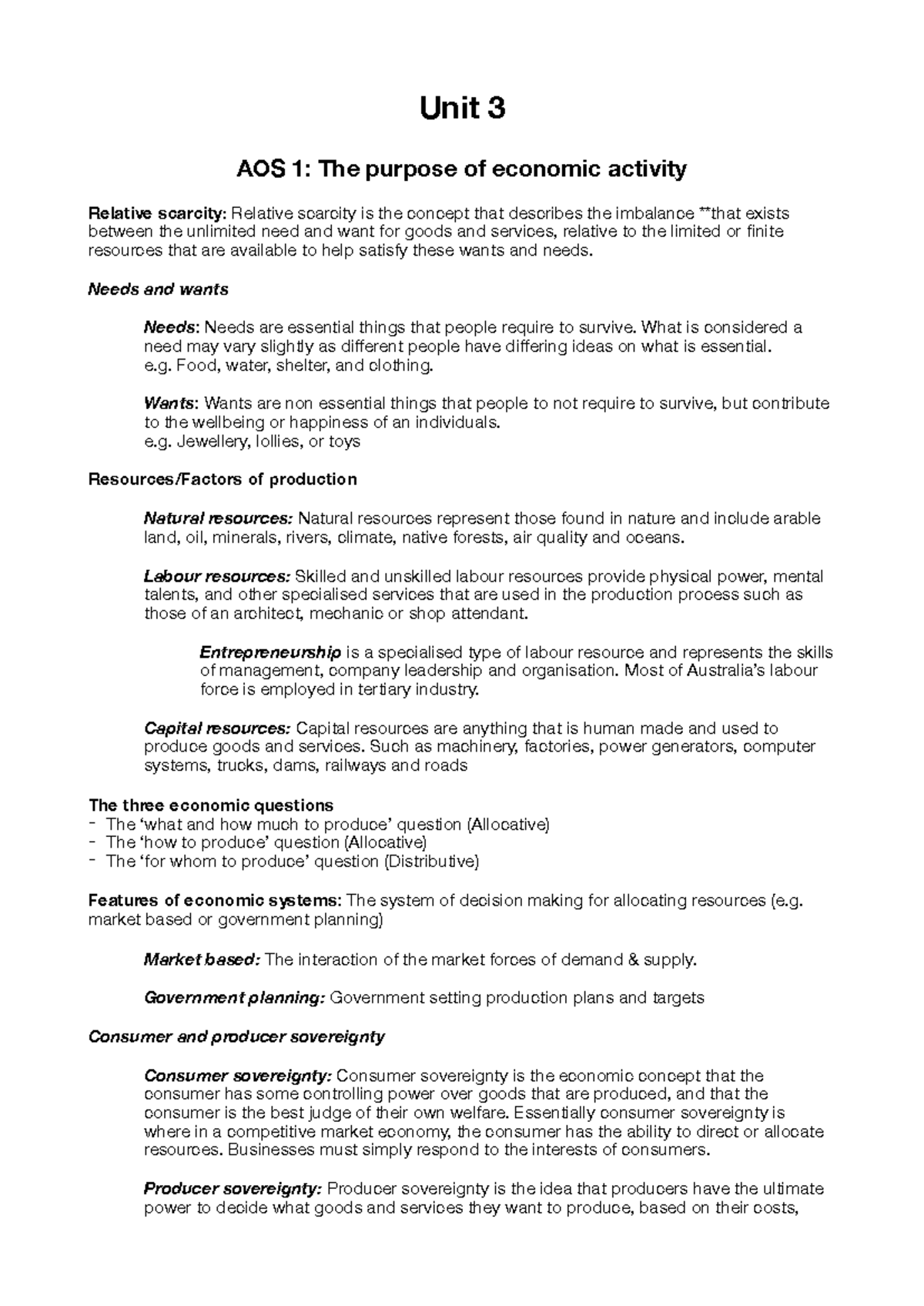 Economics - Notes - Unit 3 AOS 1: The purpose of economic activity ...