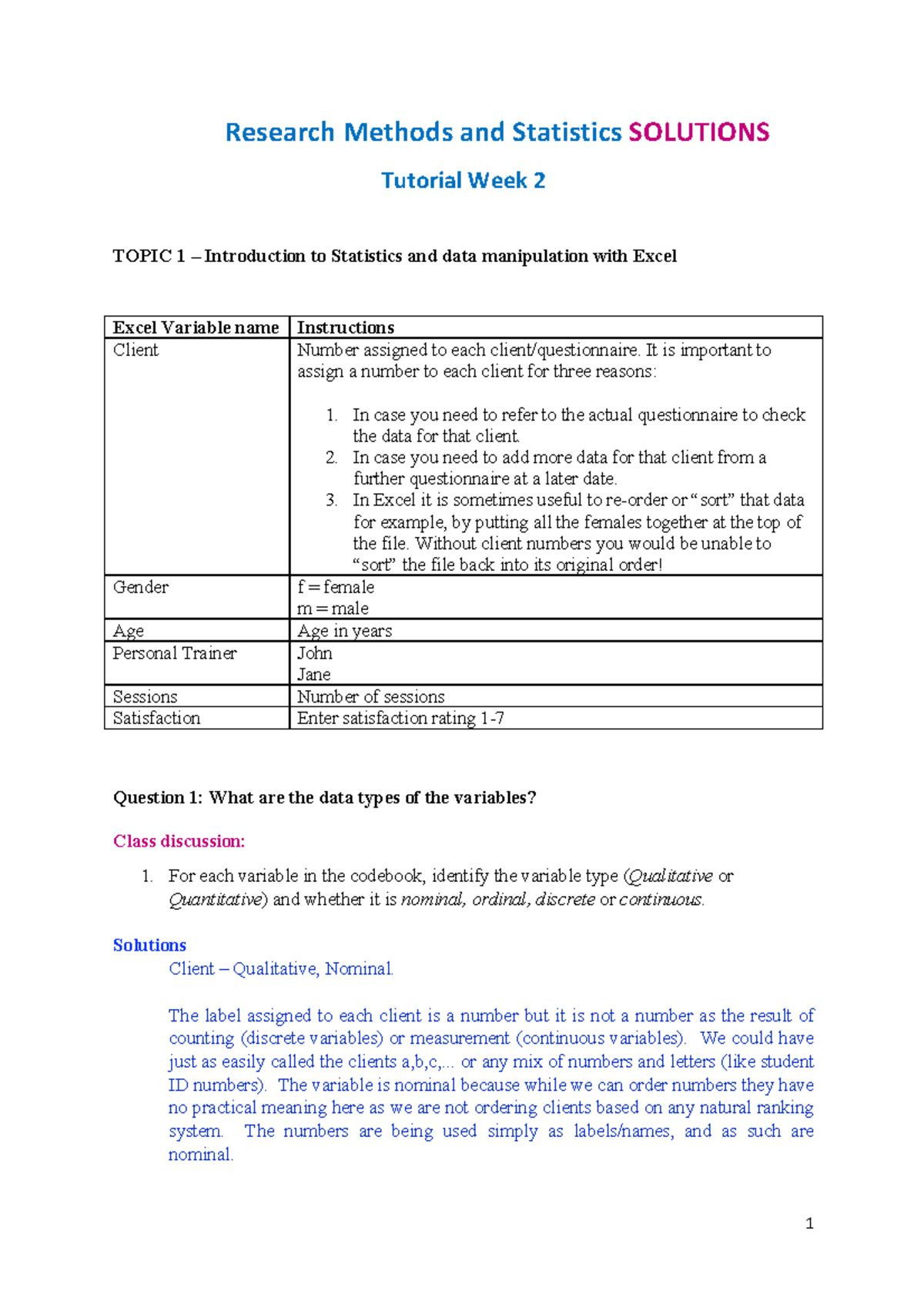 Week2Tutorial Solutions - Research Methods and Statistics SOLUTIONS ...