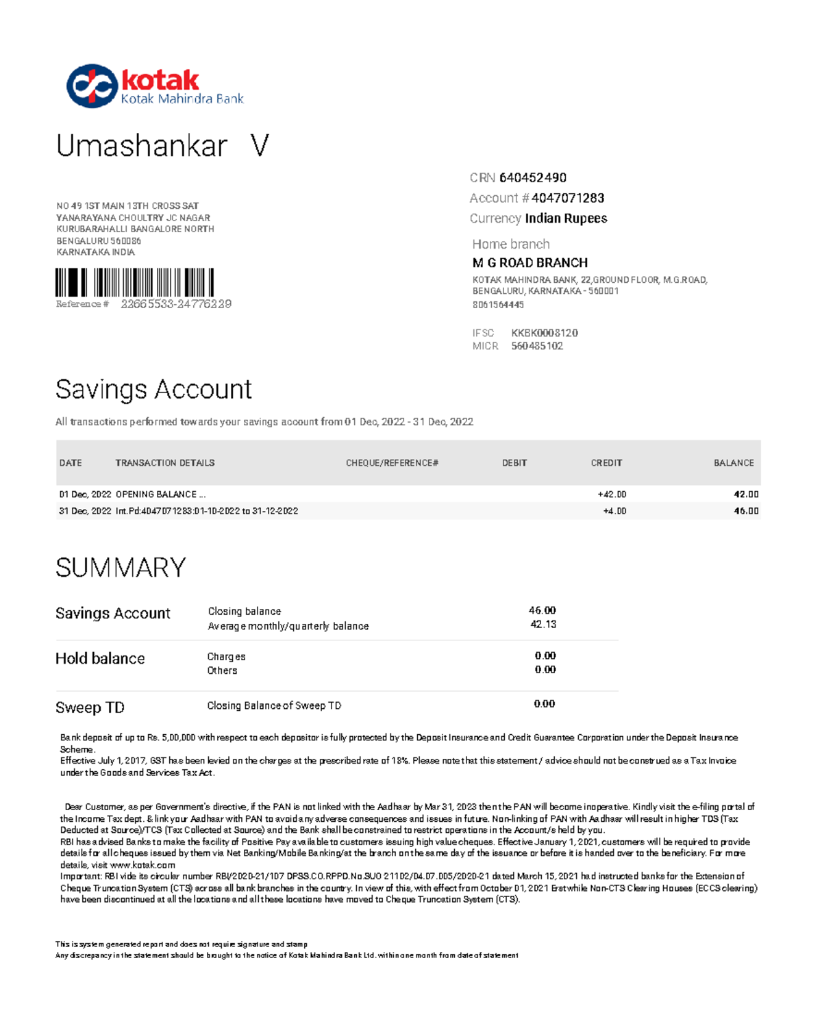 Dec-22 560086 - Umashankar V CRN 640452490 Account # 4047071283 NO 49 ...