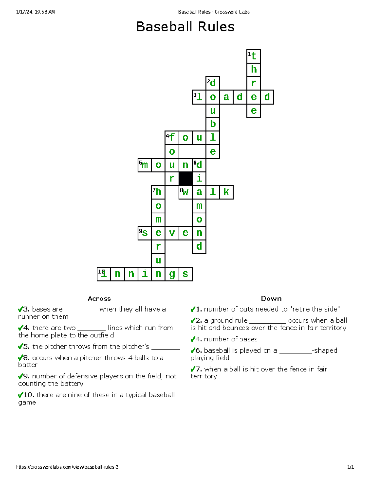 Baseball Rules - Crossword Labs - 1/17/24, 10:56 AM Baseball Rules ...