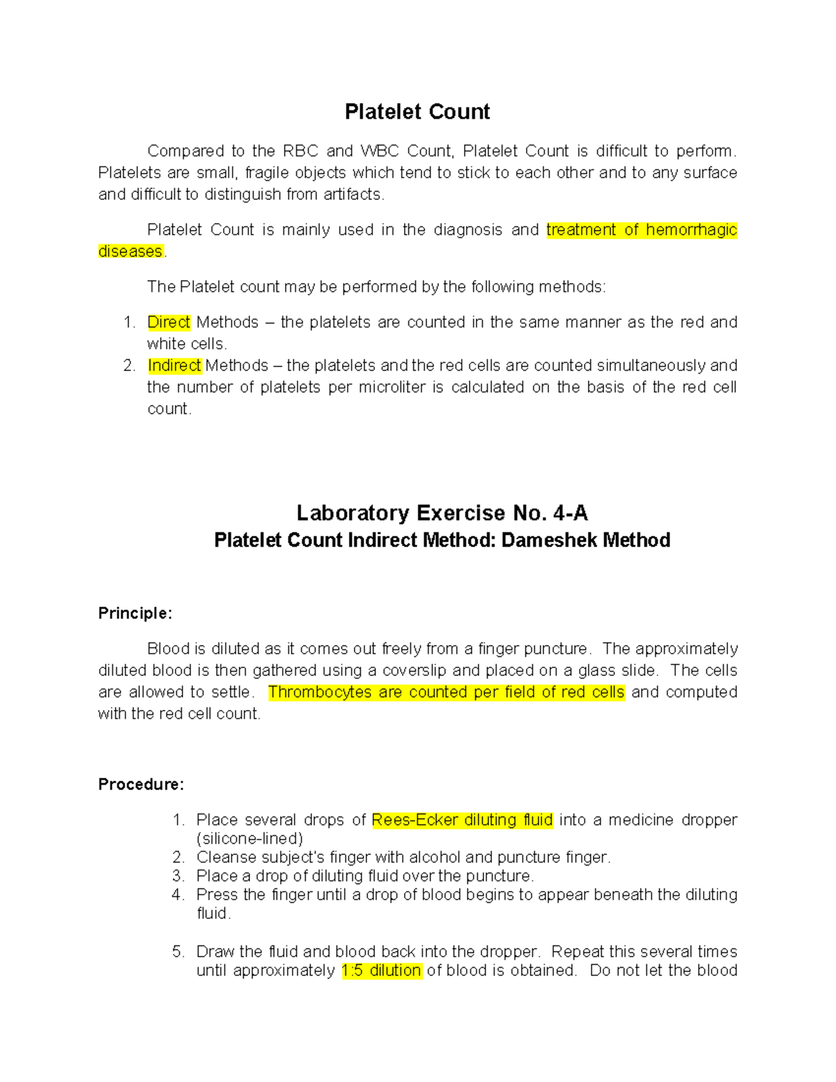 Ex 4 Indirect Platelet count - Platelet Count Compared to the RBC and ...
