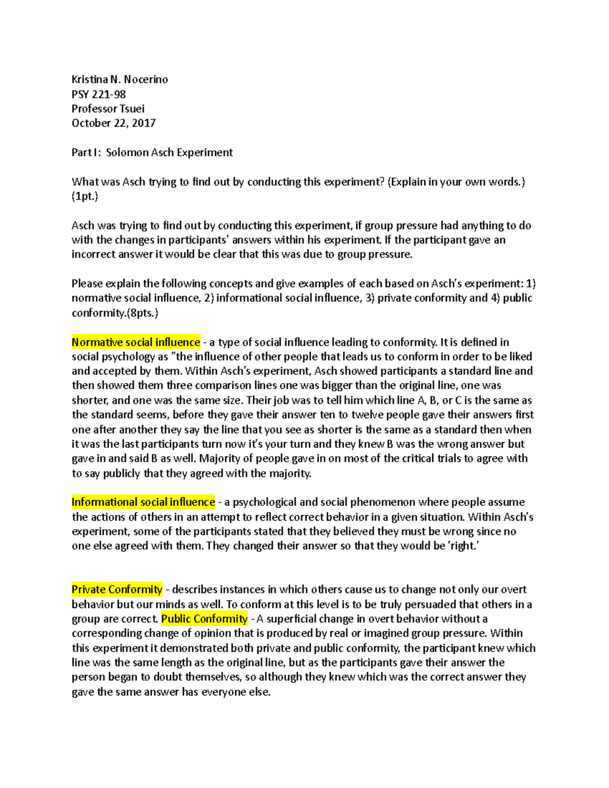 Week 9 - assignment - Kristina N. Nocerino PSY 221- Professor Tsuei ...