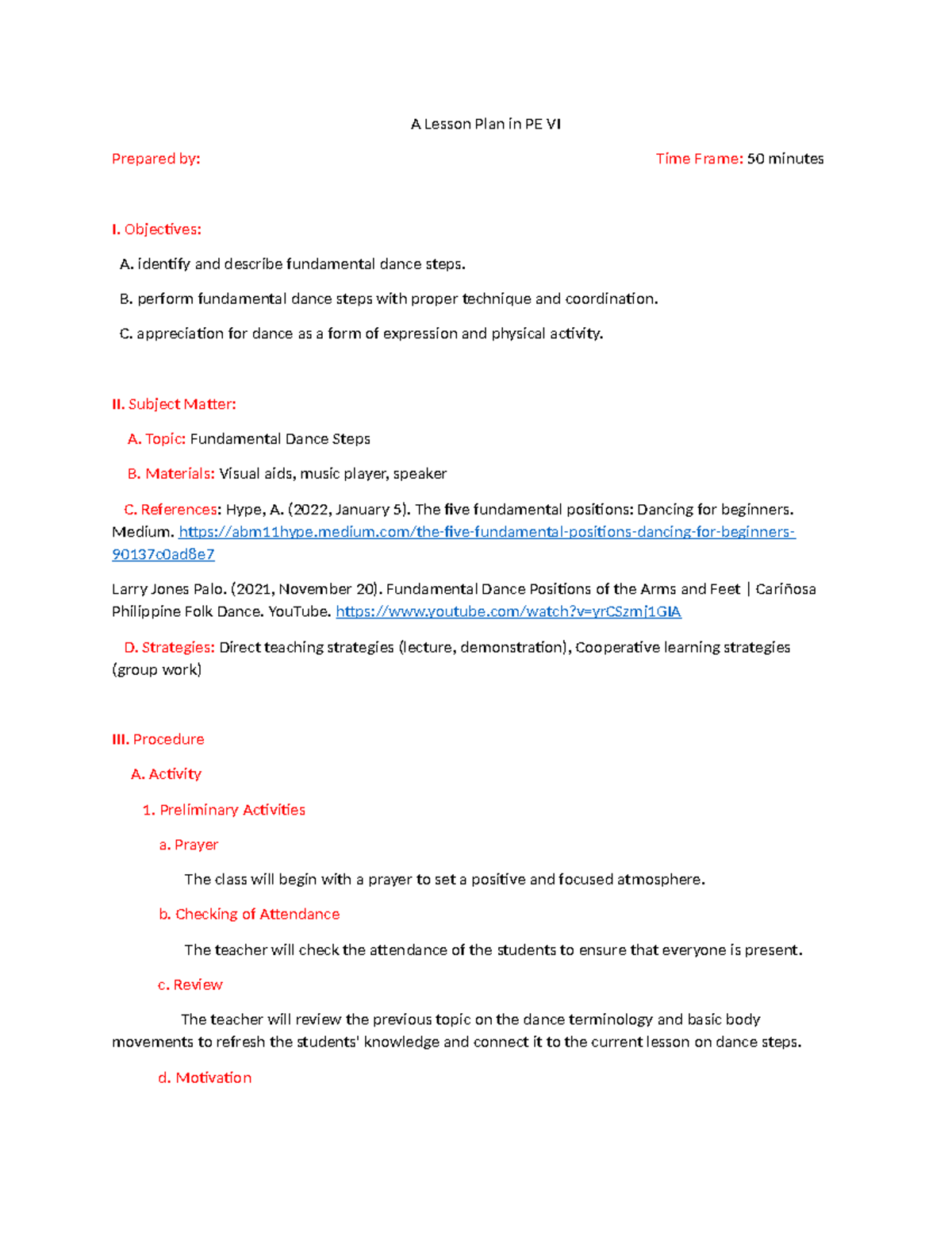A Lesson Plan in PE VI - Fundamental Dance Steps - A Lesson Plan in PE ...