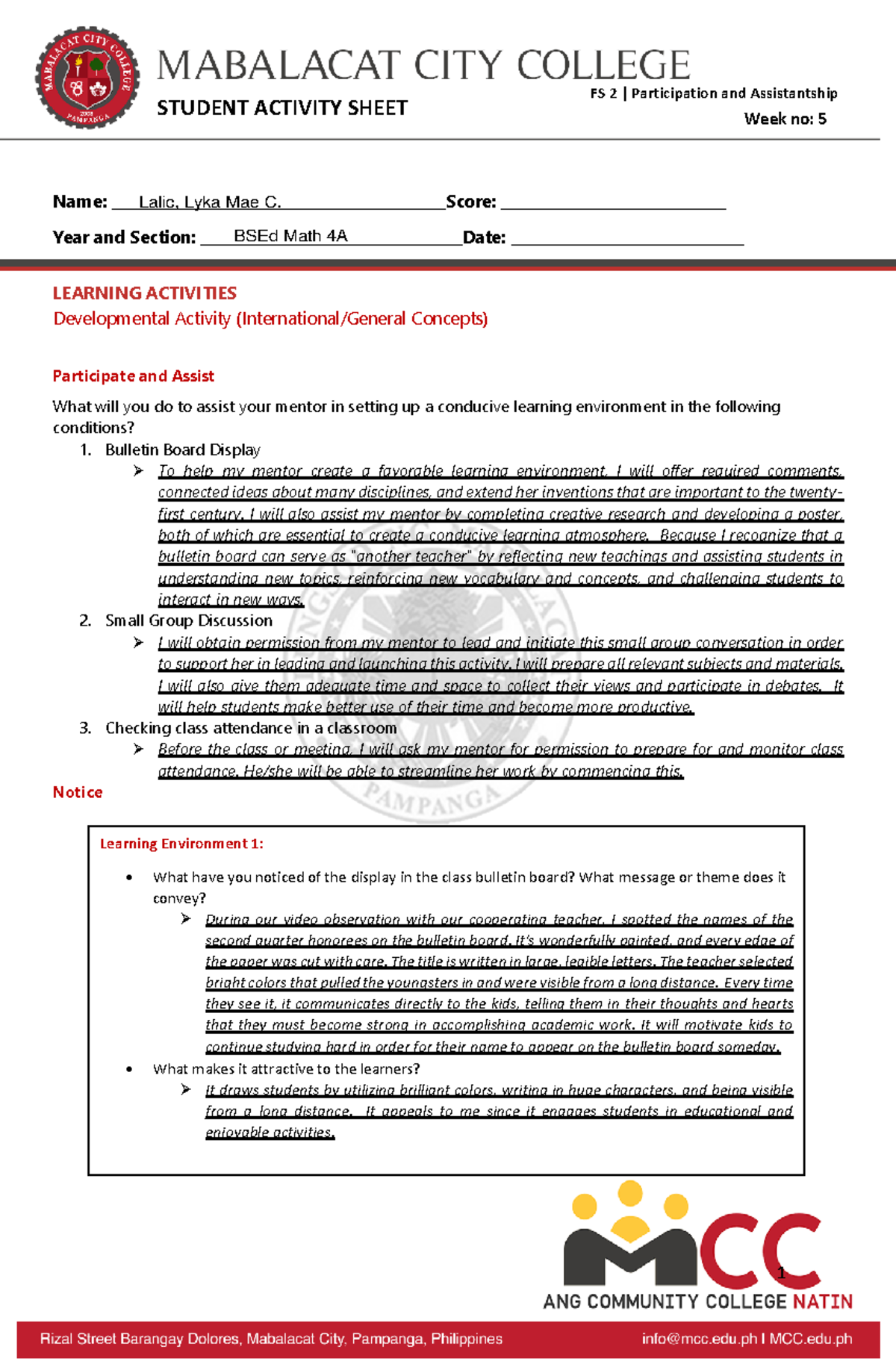 FS2 SAS Week 5 Lalic - FS2 - STUDENT ACTIVITY SHEET Week no: 5 Name ...
