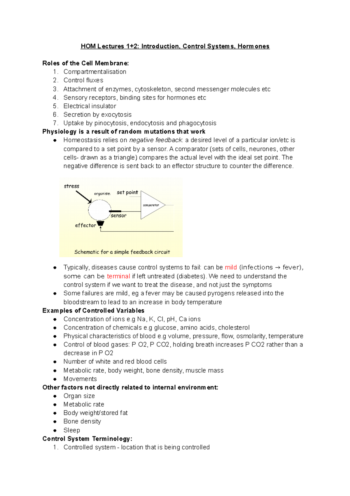 HOM Lecture 2 11-10-18 - HOM Lectures 1+2: Introduction, Control Systems, Hormones Roles of the ...