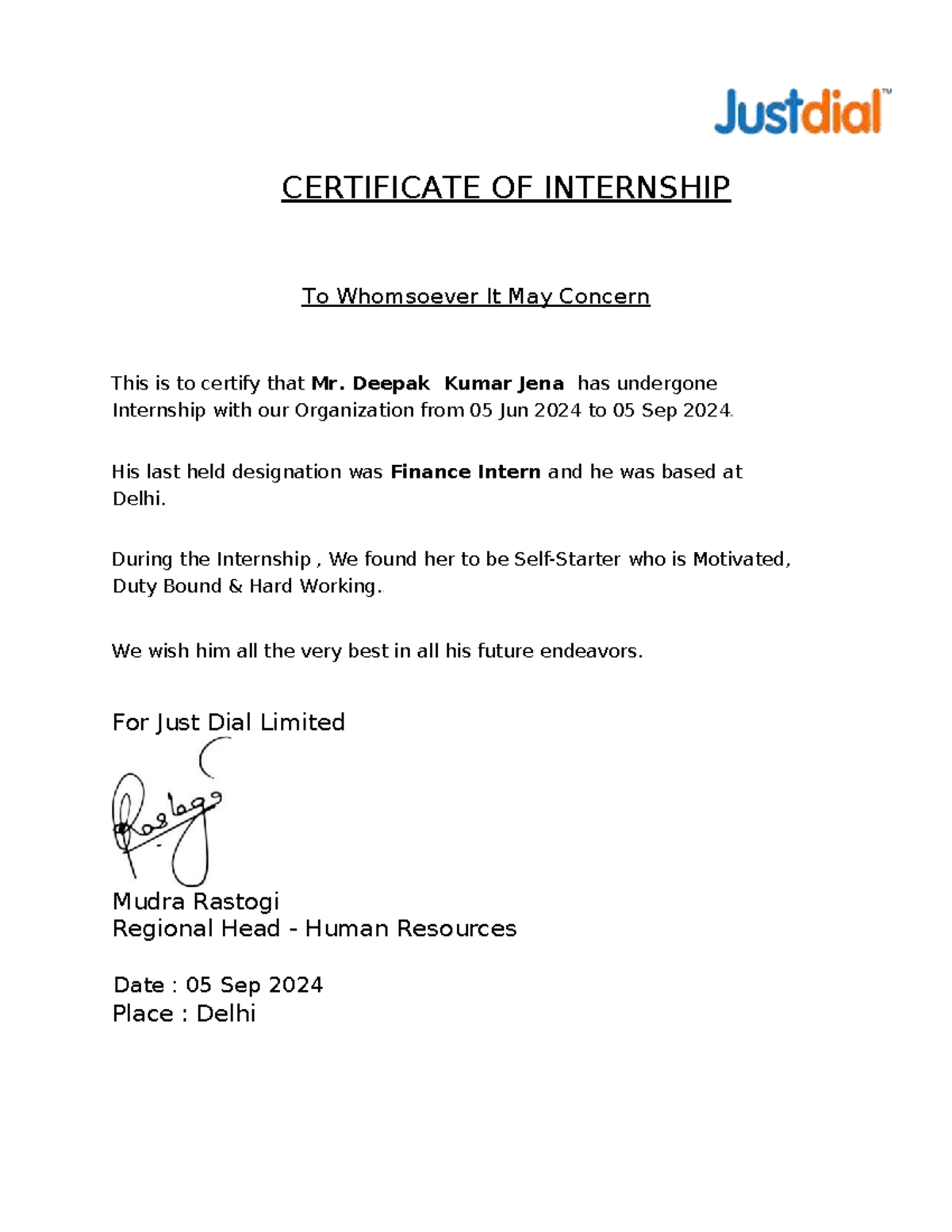 Deepak Kumar Jena Certificate - CERTIFICATE OF INTERNSHIP To Whomsoever ...