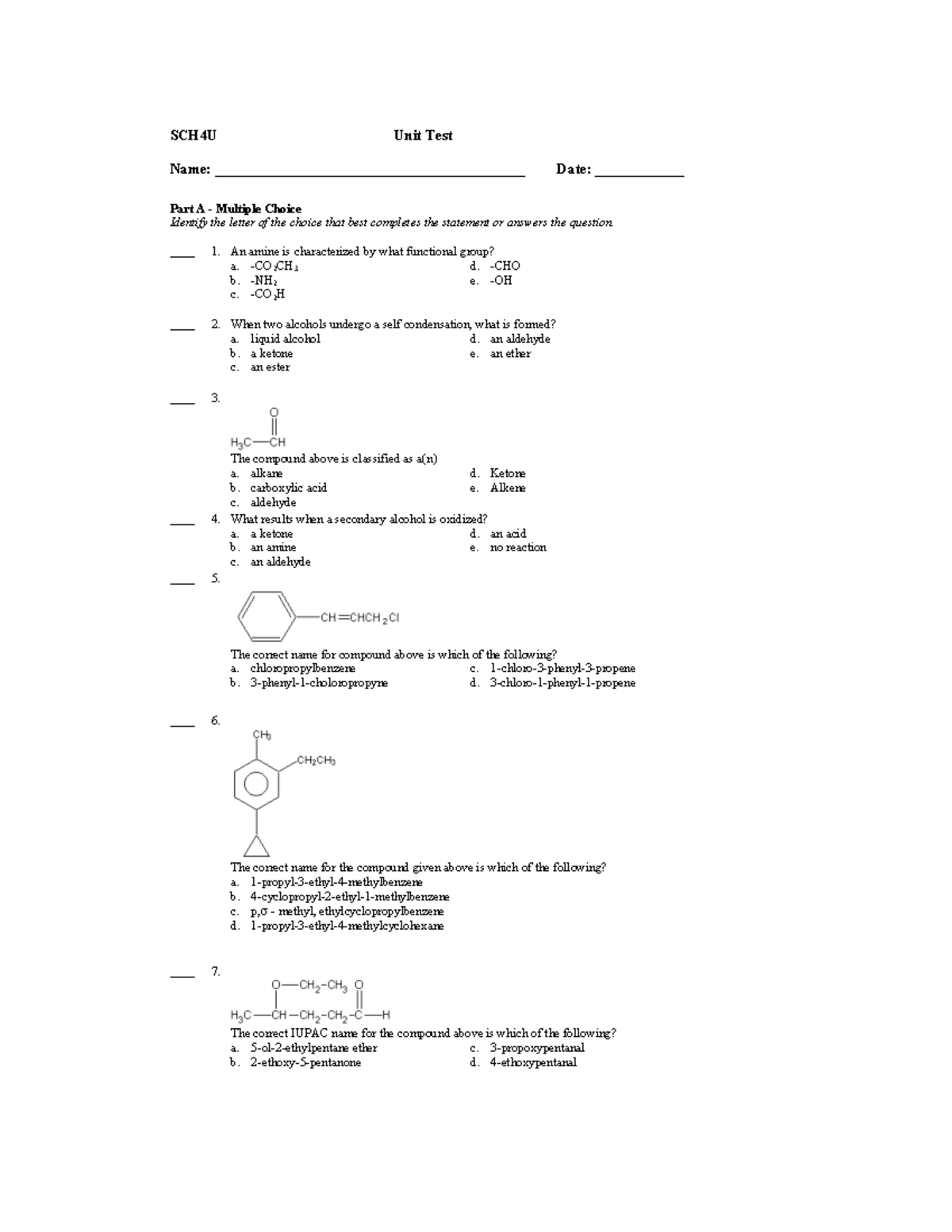 SCH4U Organic Chem Test - SCH4U Unit Test Name
