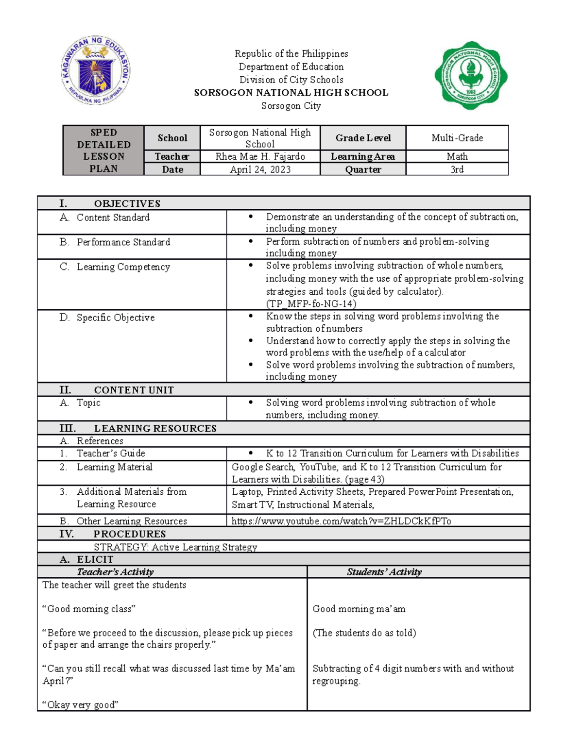 DLP in MATH - DLP - Republic of the Philippines Department of Education Division of City Schools ...