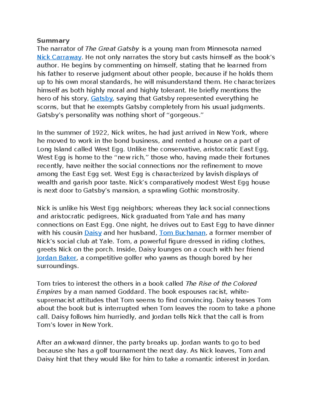 Great Gatsby Chpter 1 sum - Summary The narrator of The Great Gatsby is ...